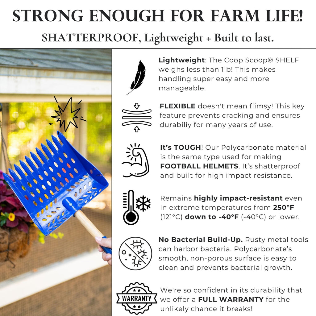 The Coop Scoop® Shelf | 2-in-1 Chicken Poop Scoop & Rake | 10" Handle ...